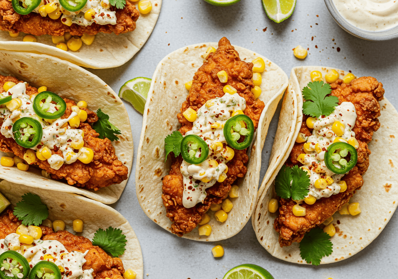 Fried Chicken Street Corn Tacos With Jalapeno Lime Ranch - Serena Recipes