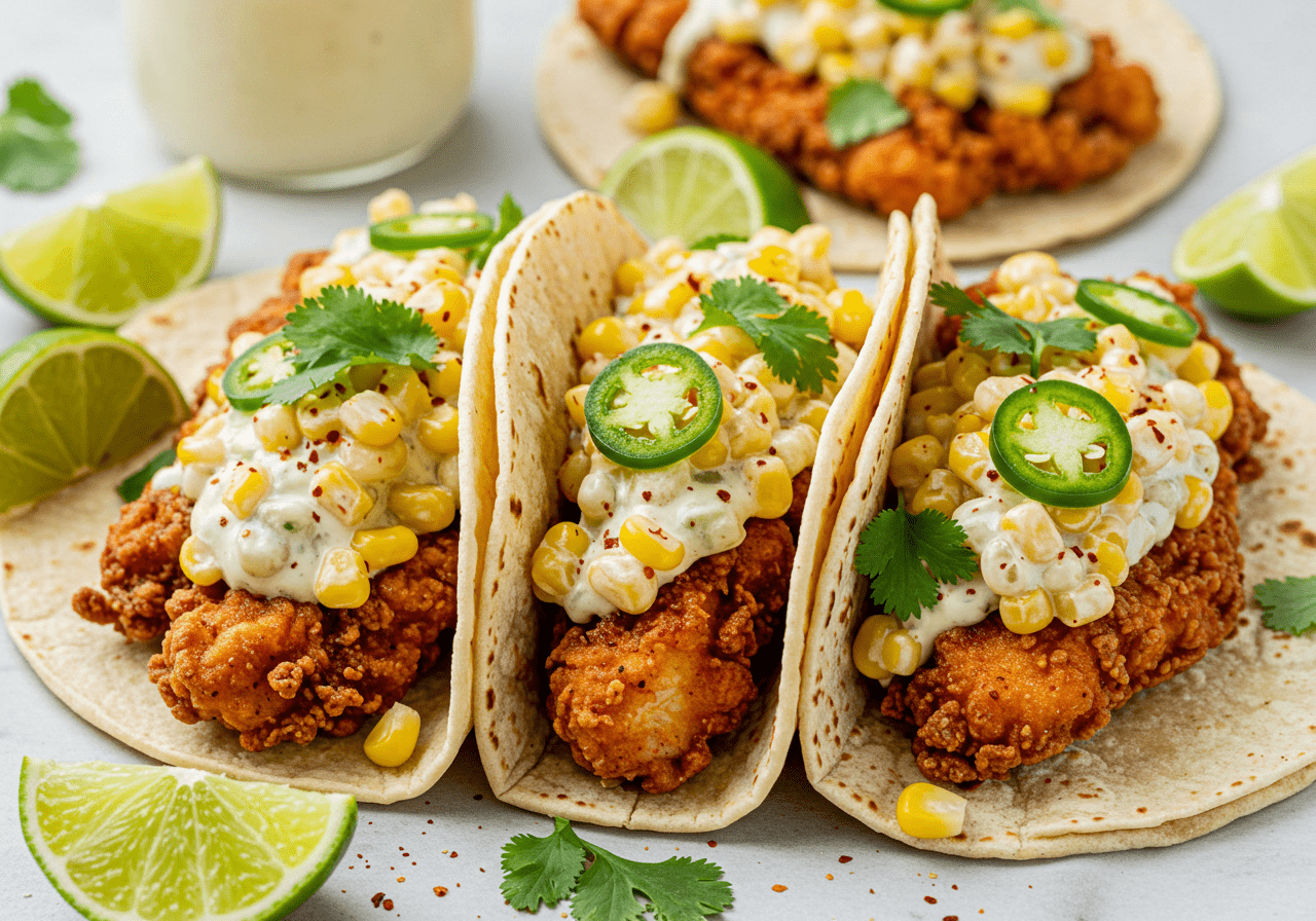 Fried Chicken Street Corn Tacos With Jalapeno Lime Ranch - Serena Recipes